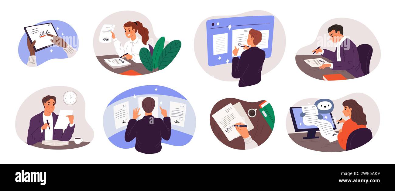 Cartoon people sign documents. Official agreement, paper and electronic ...