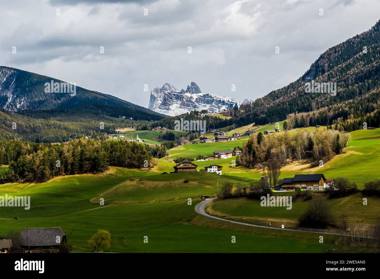 Snow-covered mountains, view of Seceda, spring, Castelrotto, Dolomites ...