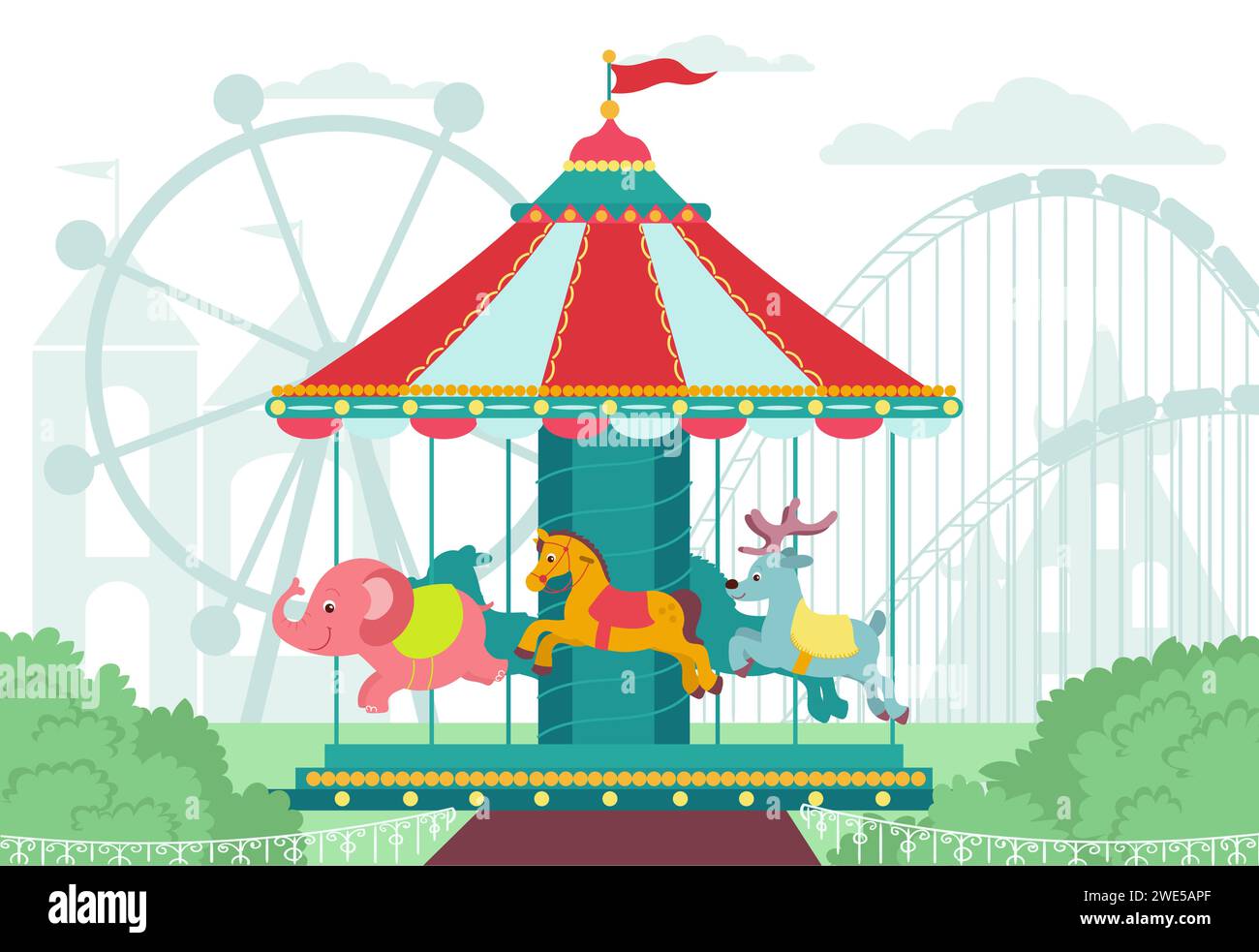 Beautiful children carousel at city amusement park. Carnival ...