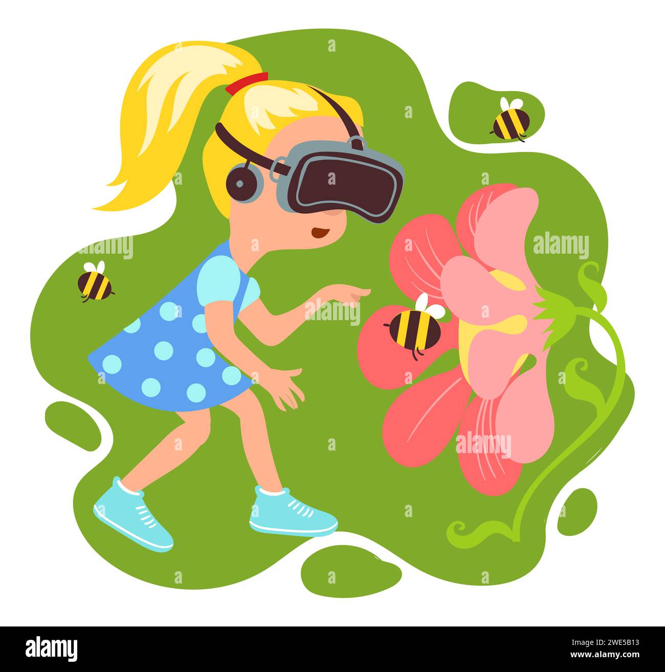 Kids virtual reality. Happy girl with VR glasses. Innovation augmented ...