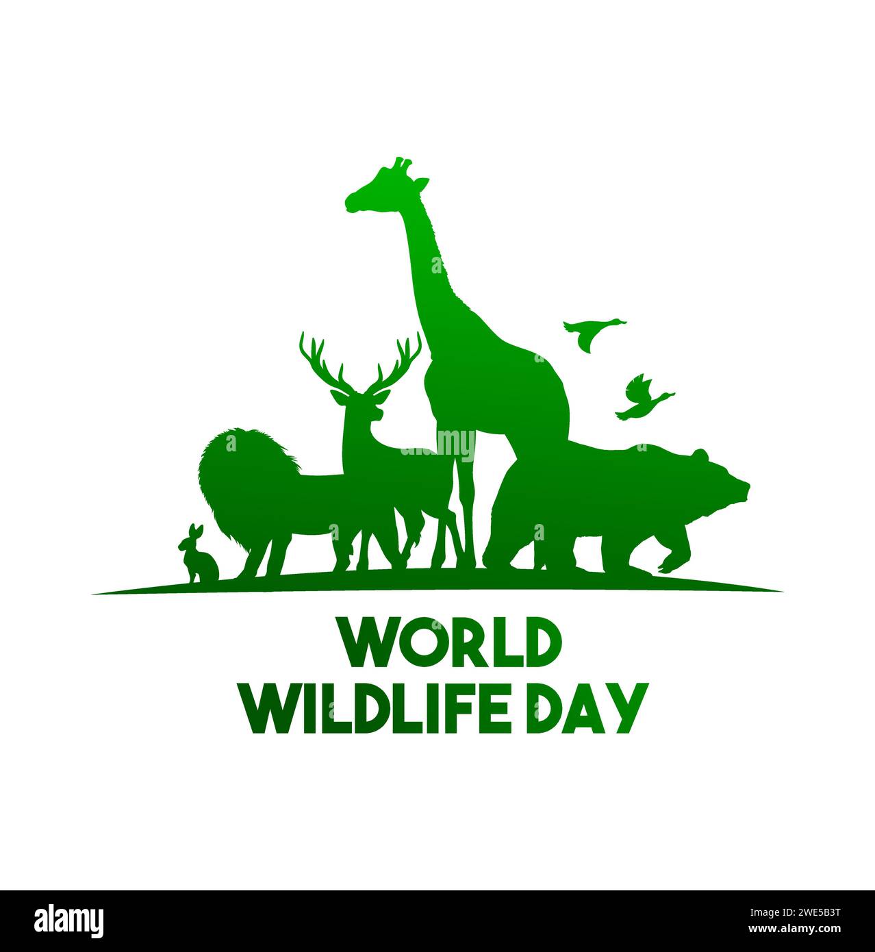 Wildlife day vector poster, wild animals green silhouettes isolated on ...