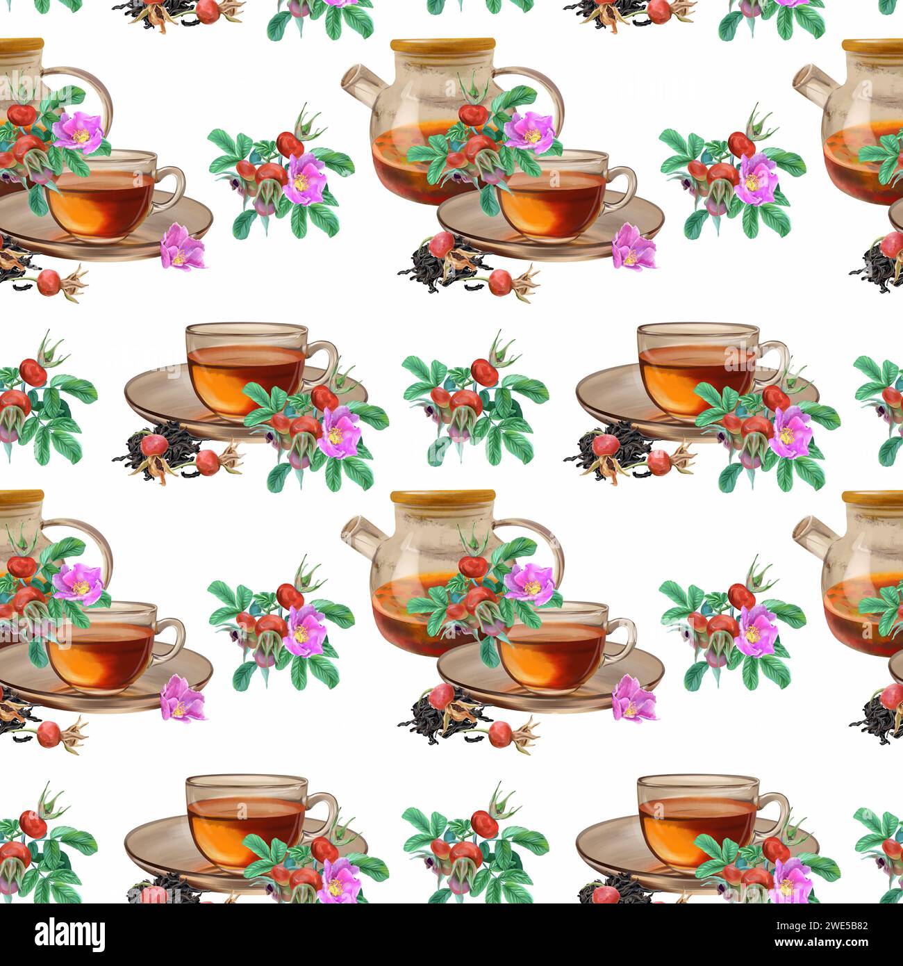 Teapot, cup of tea, rose hips, seamless pattern. Graphic illustration ...