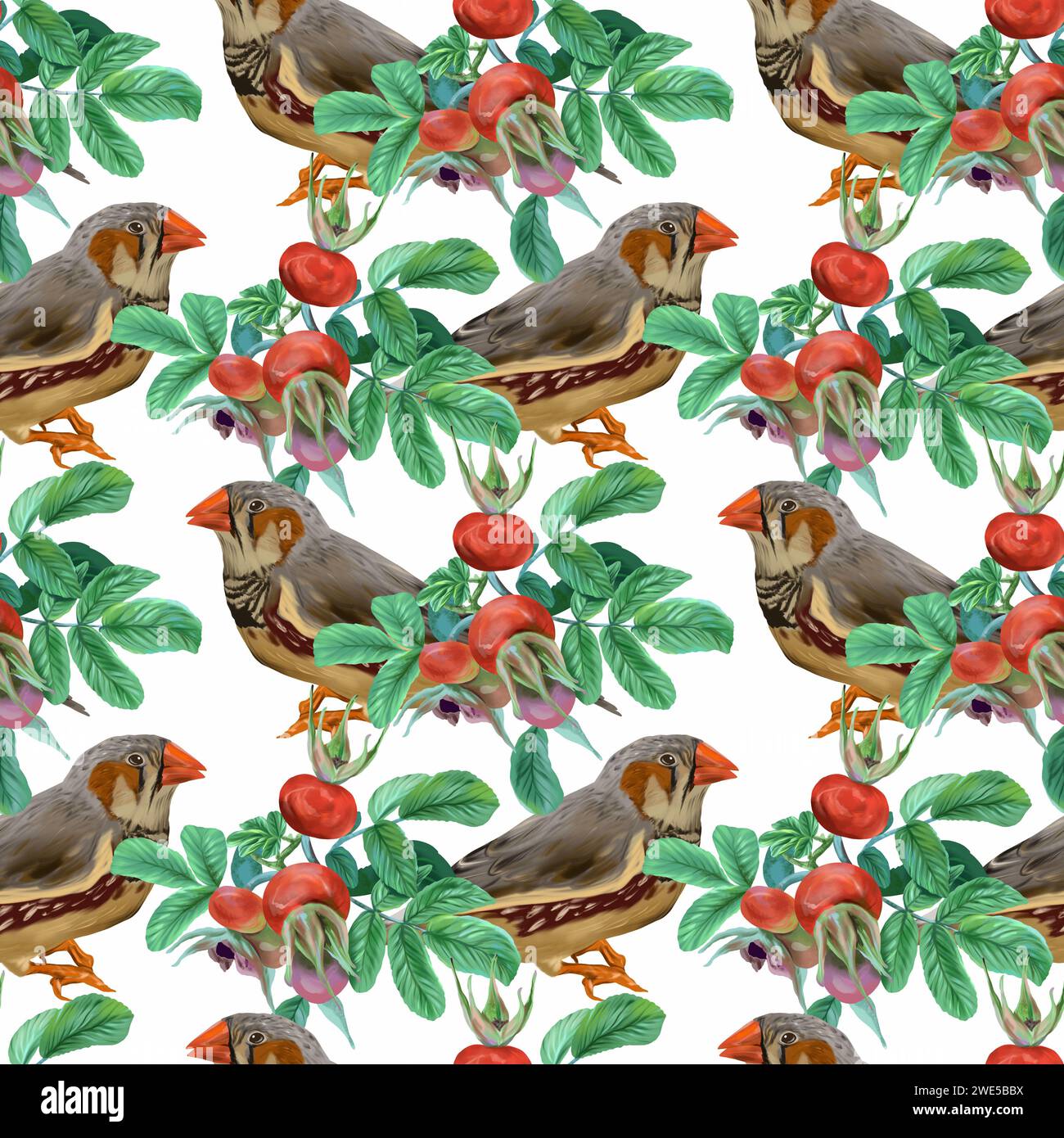 Birds and rosehip branch, seamless pattern. Graphic illustration isolated on white background ...