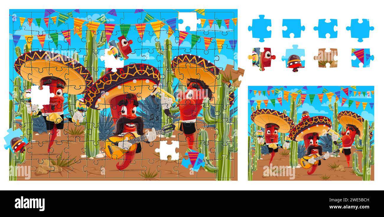 Jigsaw puzzle game pieces. Cinco de Mayo mexican holiday mariachi chili ...
