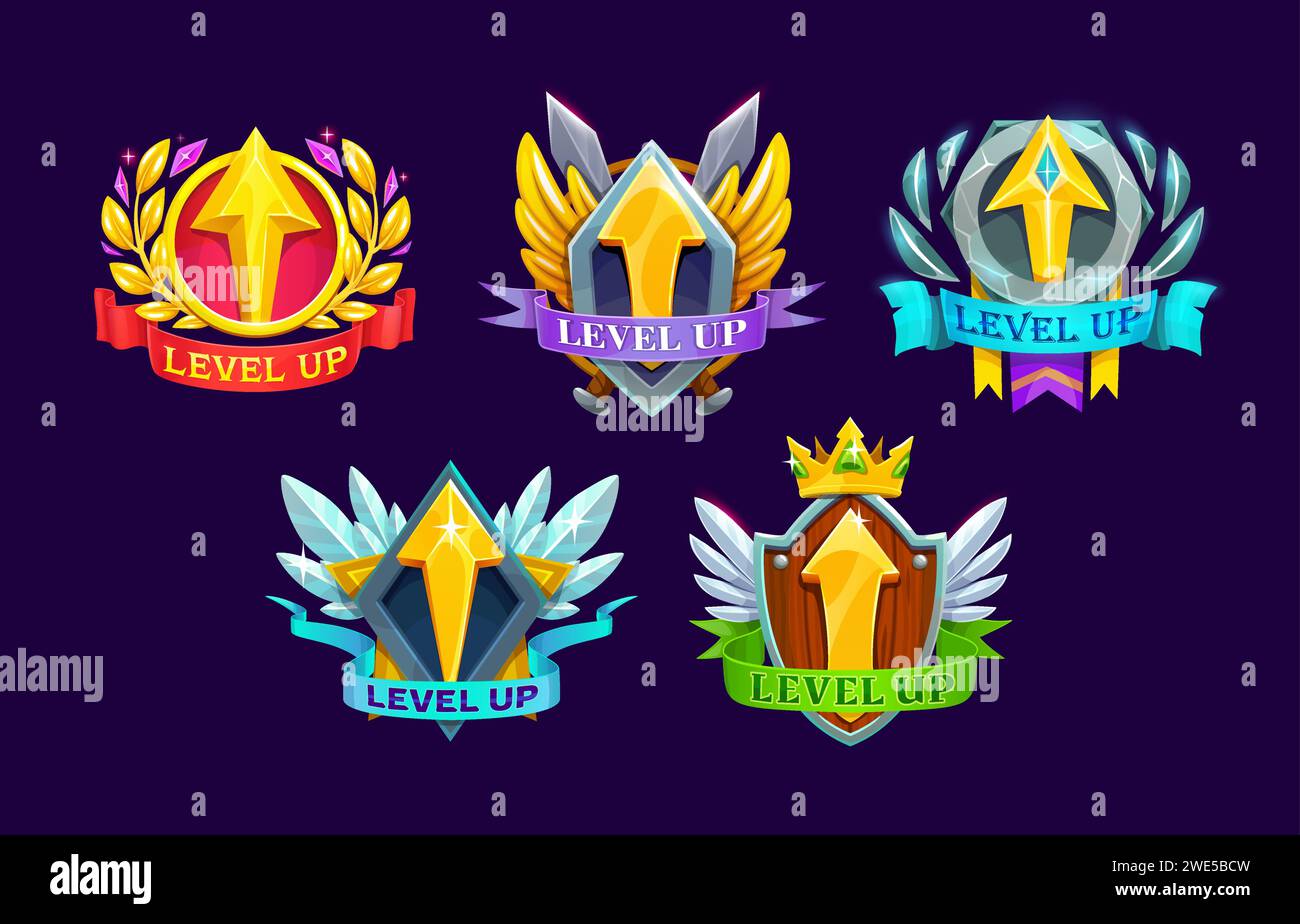 Game interface level up badges and win icons with arrows, vector ui assets. Cartoon gold upward ...
