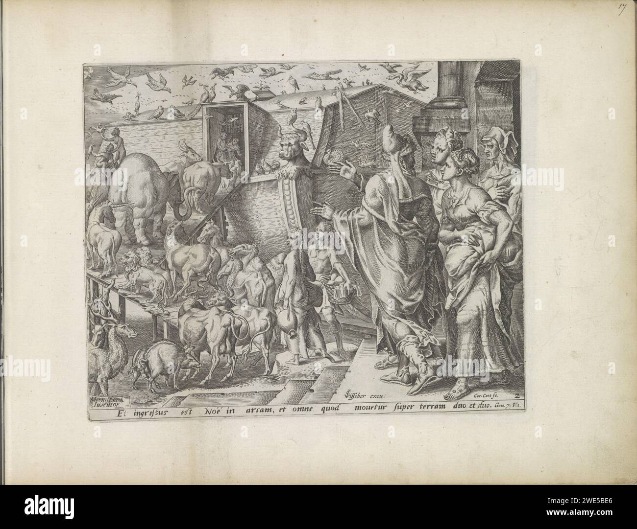 Noah goes with his family and the animals on board the Ark, 1643 print ...