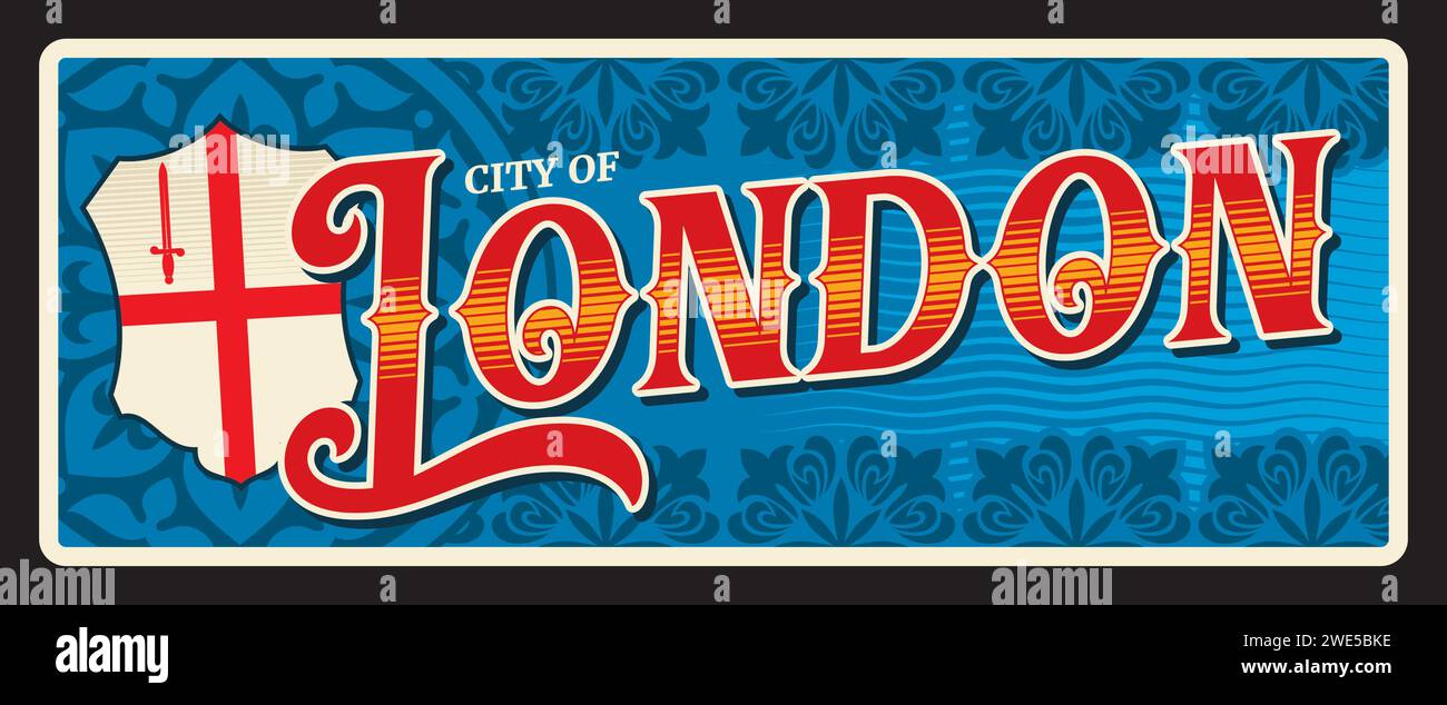 London travel sticker and plate. Vector flag and heraldry of Great ...