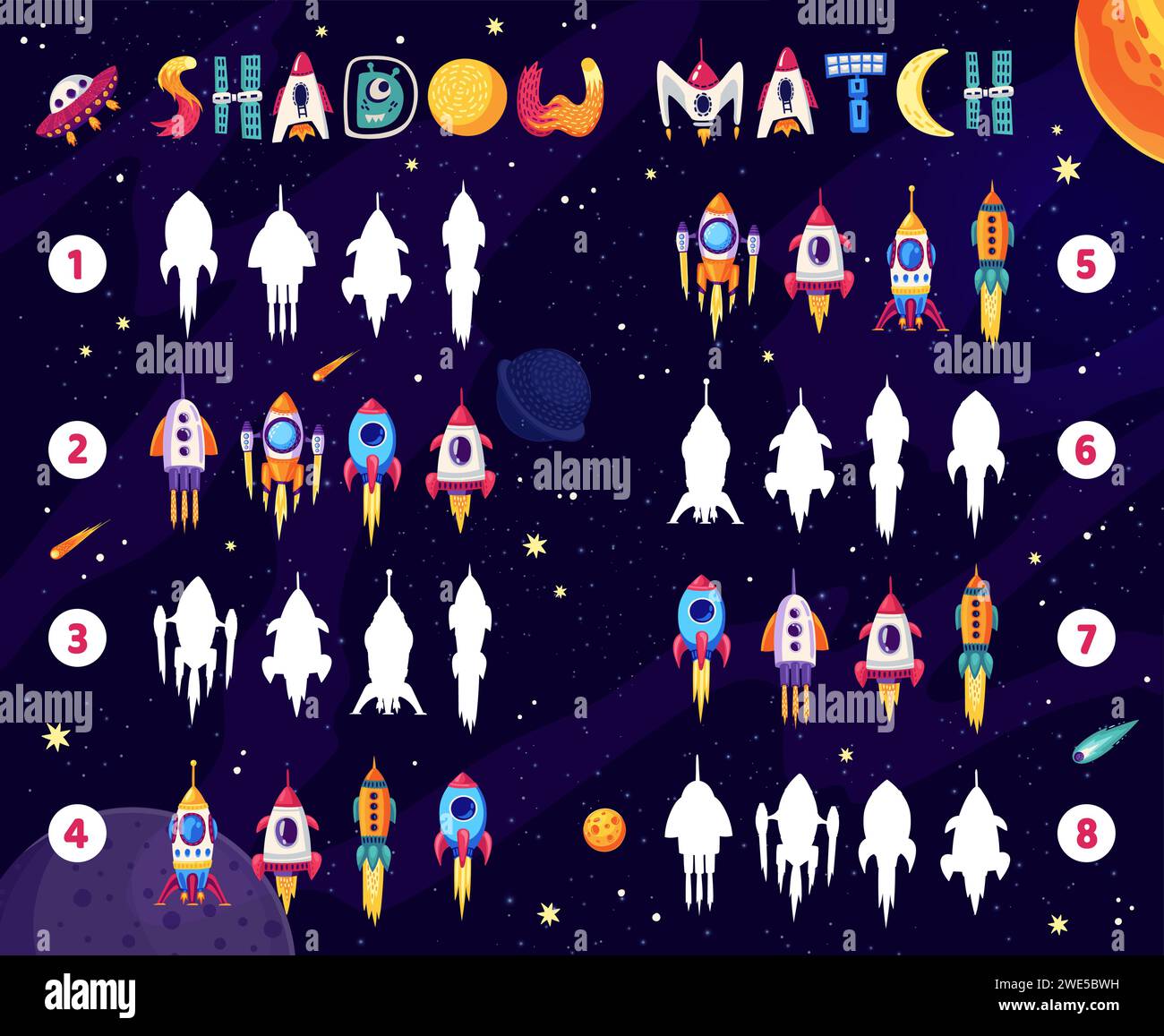 Shadow match game worksheet, find identical space rocket silhouettes ...