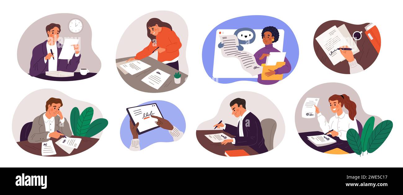 Cartoon people sign document. Conclusion of transaction. Confirmation ...