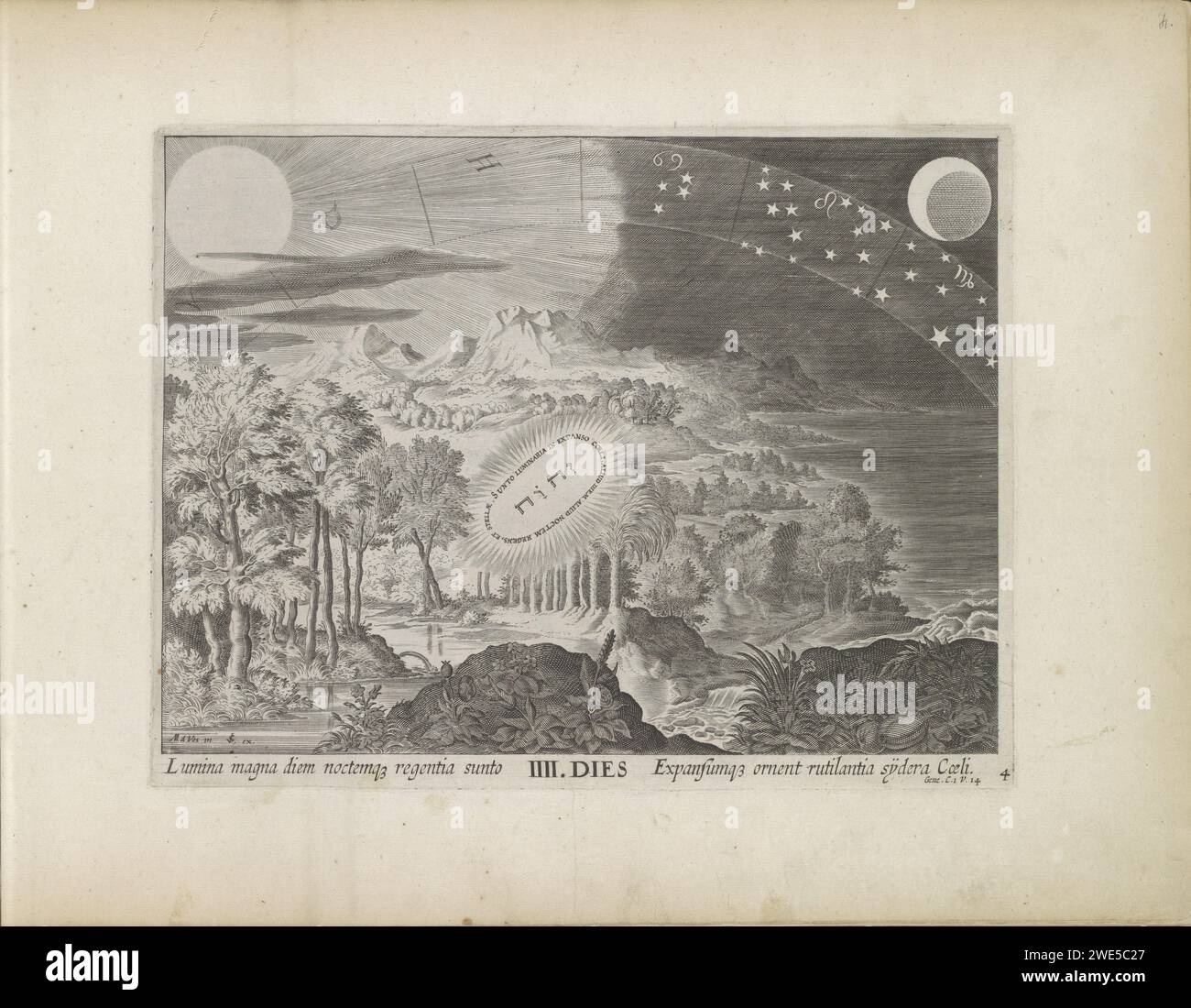 Fourth Day of Creation: Creation of Sun, Moon and Stars, 1643 print In ...