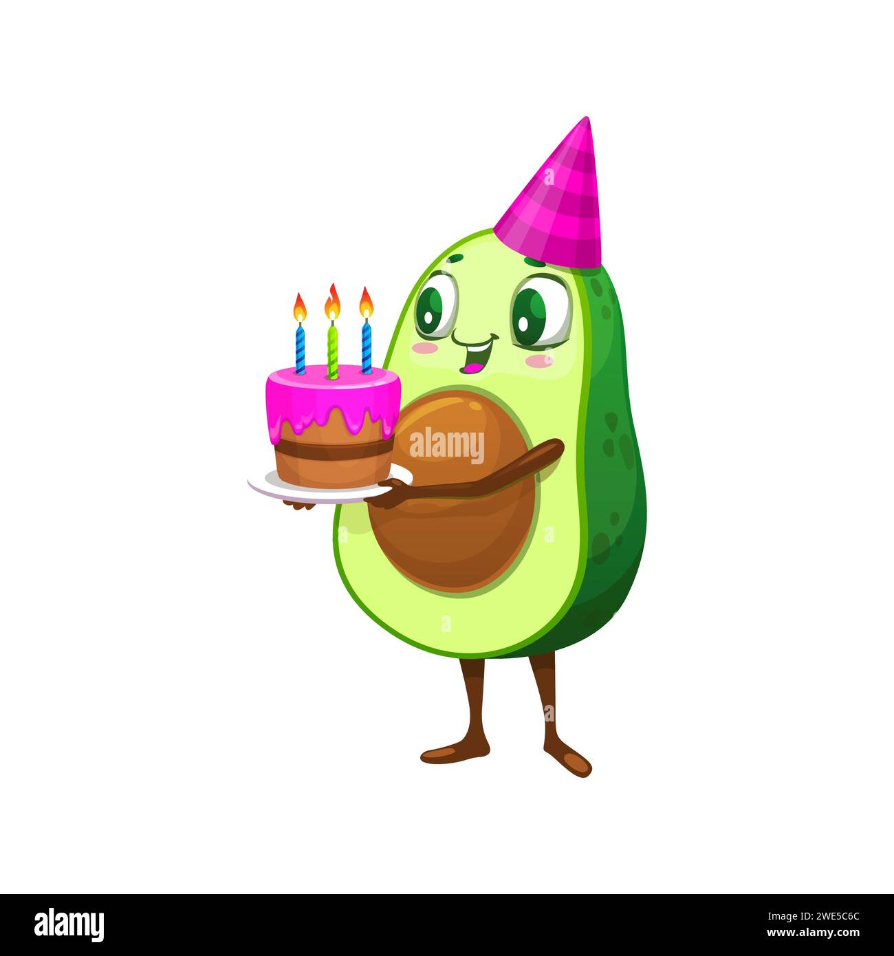 Cartoon Mexican cheerful avocado character with birthday holiday pie ...