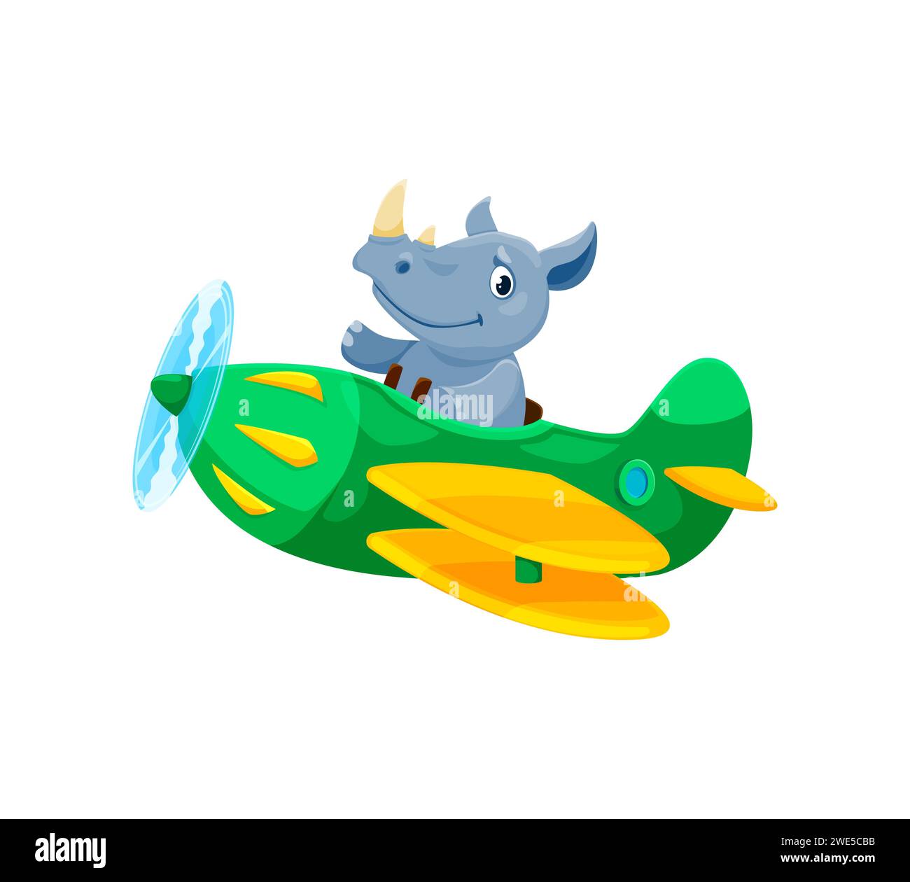 Cartoon rhinoceros pilot on airplane, funny rhino animal aviator in ...