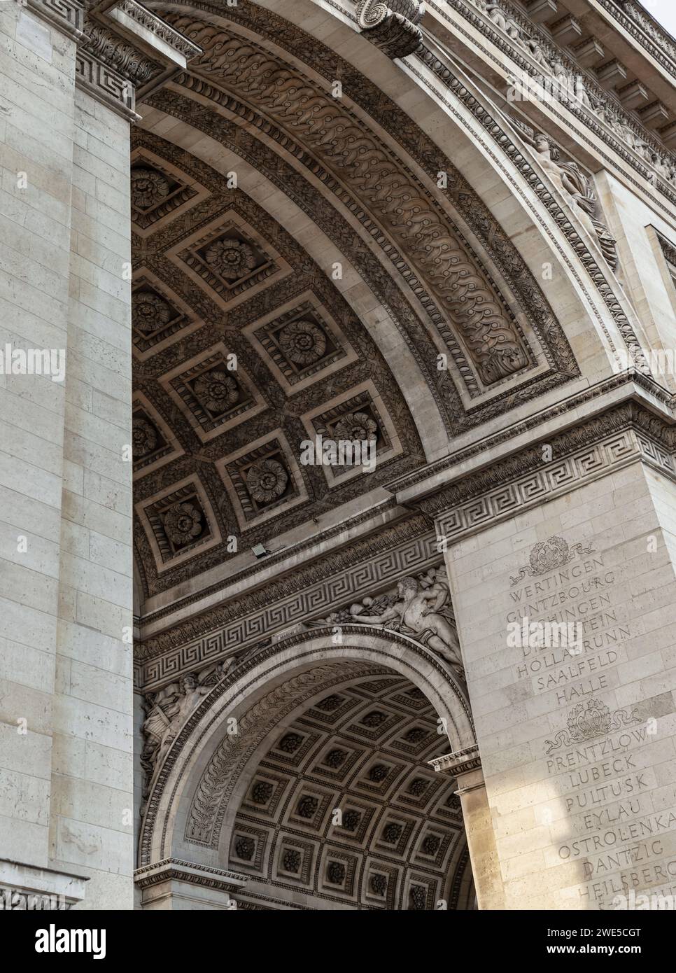 France, Paris - Jan 03, 2024 - Detail under view of carvings under the arch of the Triumphal ...