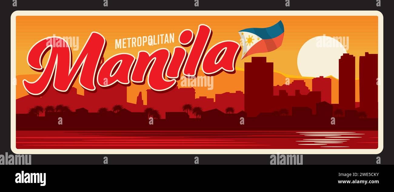 Manila Philippines capital city cityscape. Vector travel plate, vintage ...