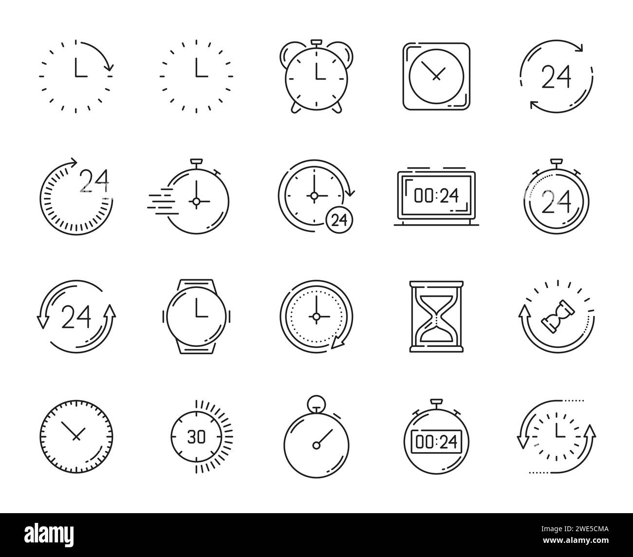 Timer clock outline icons. Alarm, stopwatch, calendar timer. Interval chronometer, time ...