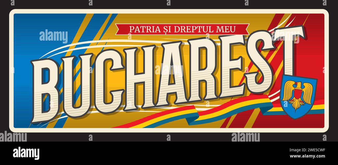 Bucharest capital city of Romania. Vector travel plate or sticker ...
