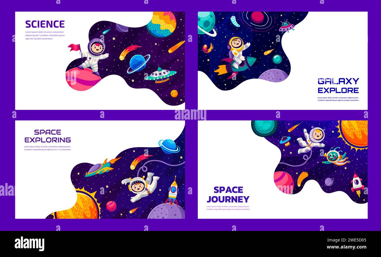 Space galaxy landing pages, cartoon space planets, astronauts, aliens and spaceships, vector ...