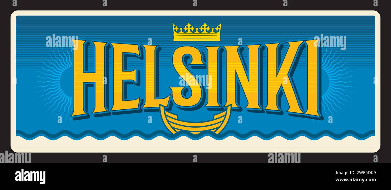 Helsinki capital city of Finland. Vector travel plate or sticker ...