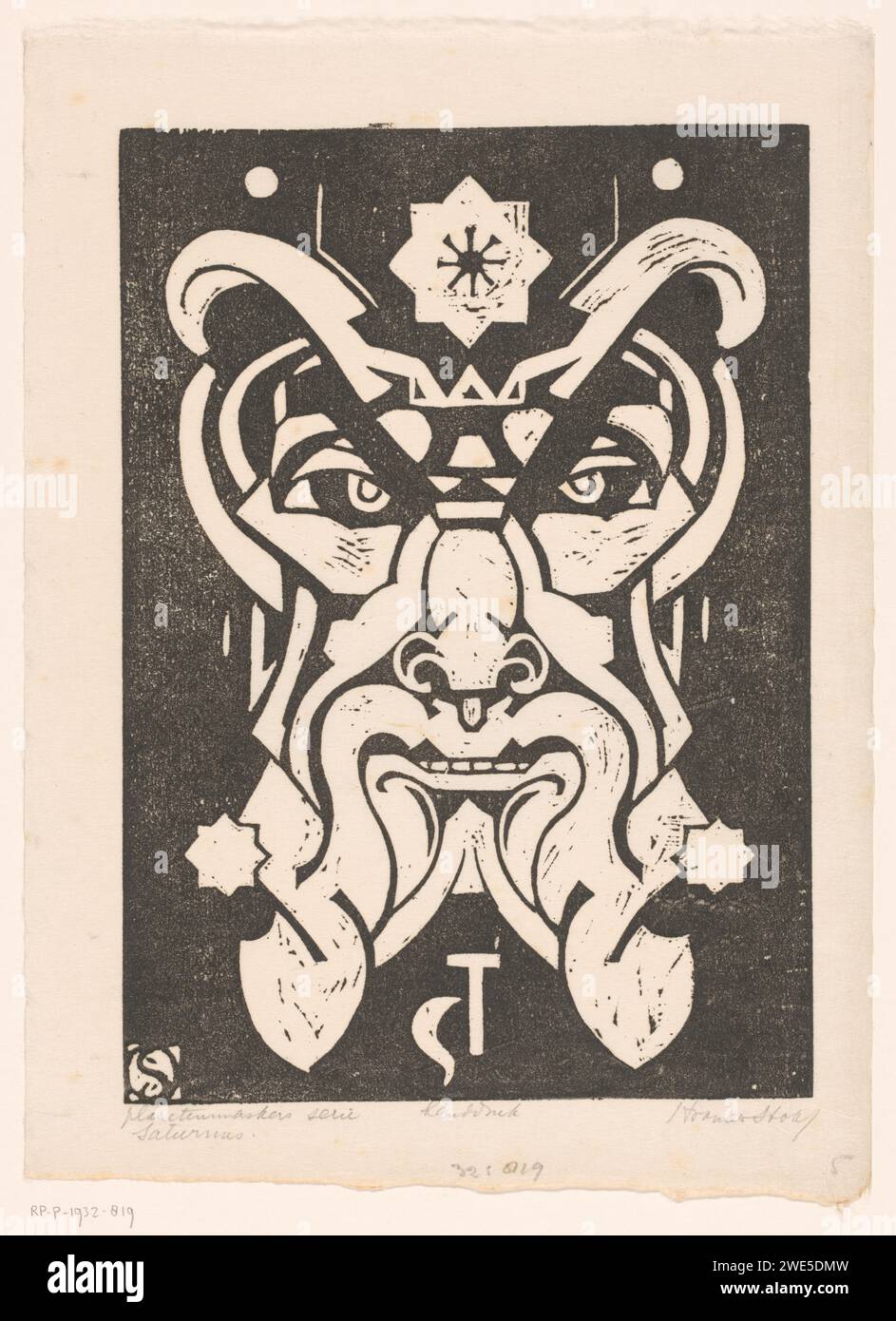 Saturnus, Henri van der Stok, 1880 - 1932 print A mask with a beard. At the bottom of the symbol ...