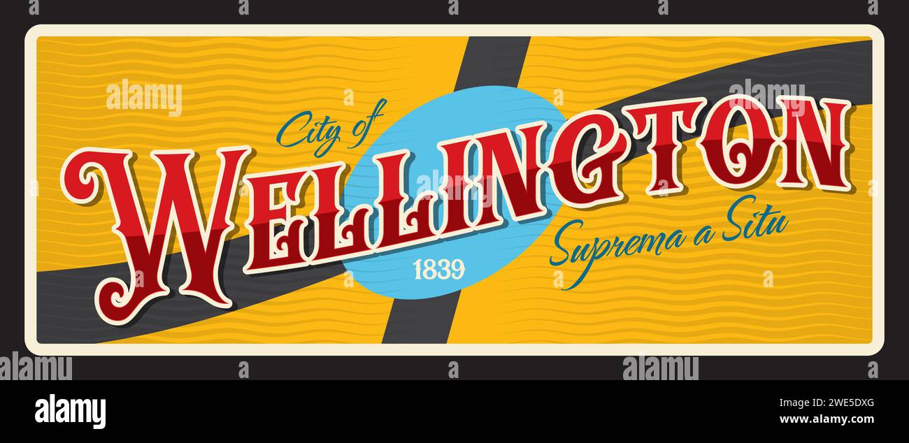 Wellington capital city of New Zealand. Vector travel plate or sticker ...