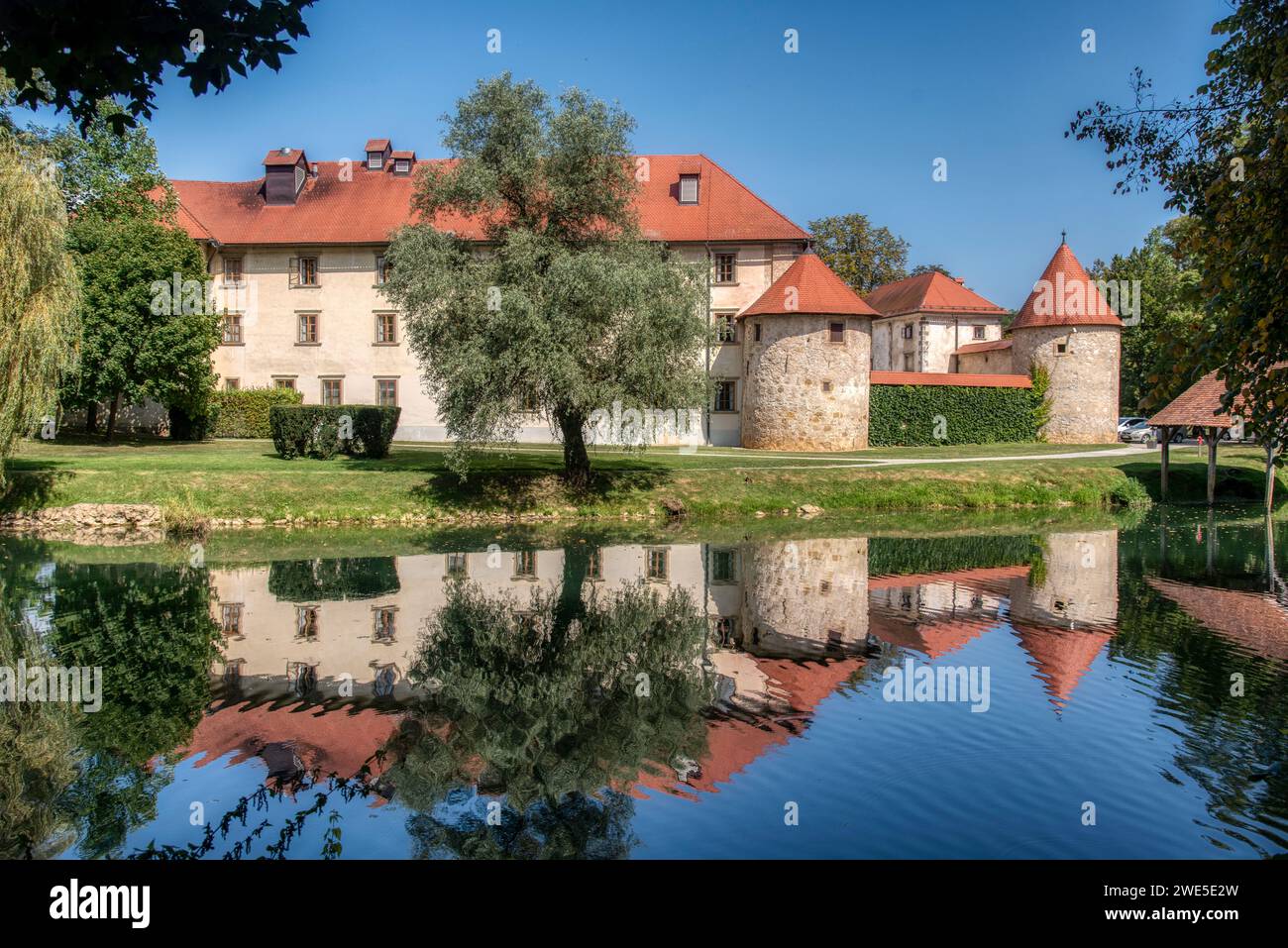 Beautiful romantic castle on the island medieval Grad Otocec in Krka river, Slovenia Stock Photo ...