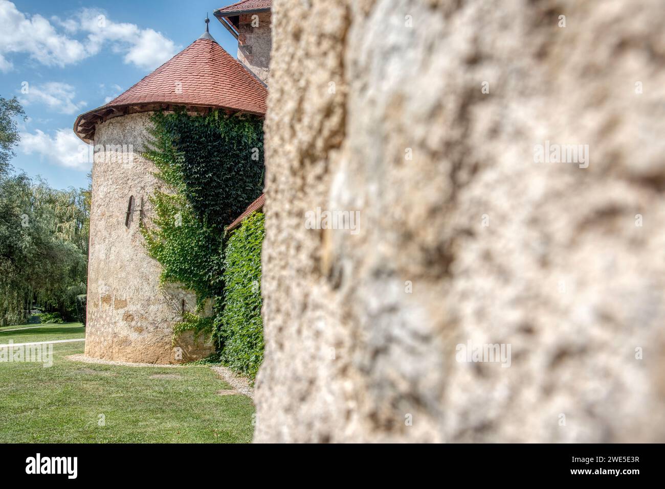 Beautiful romantic castle on the island medieval Grad Otocec in Krka river, Slovenia Stock Photo ...