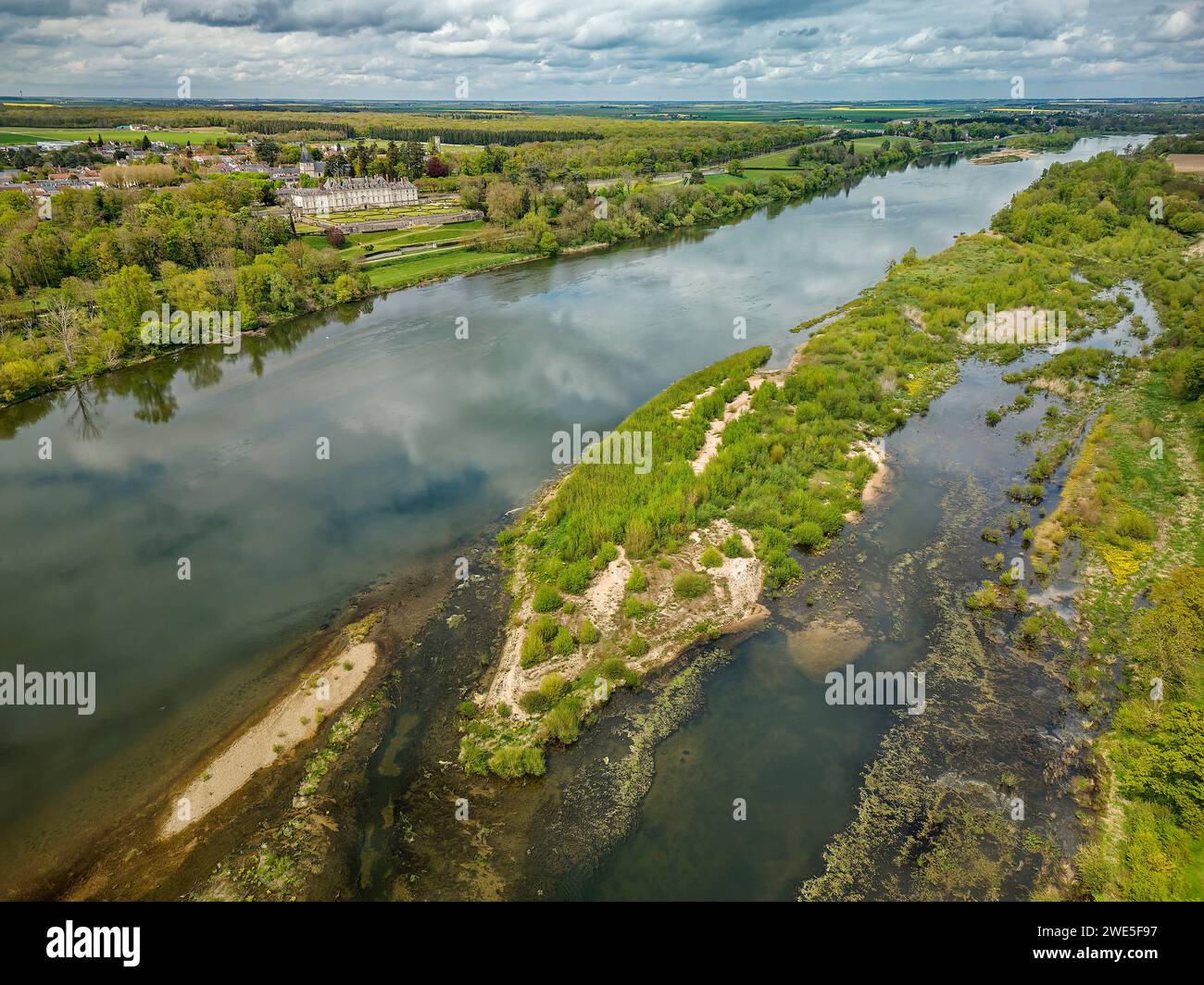 Loire with floodplain landscape and Château de Menars castle in the ...