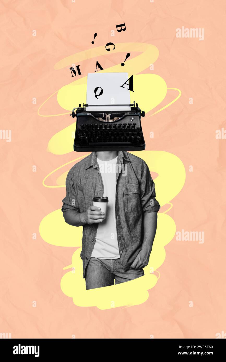 Vertical collage poster young headless man typing oldschool machine ...