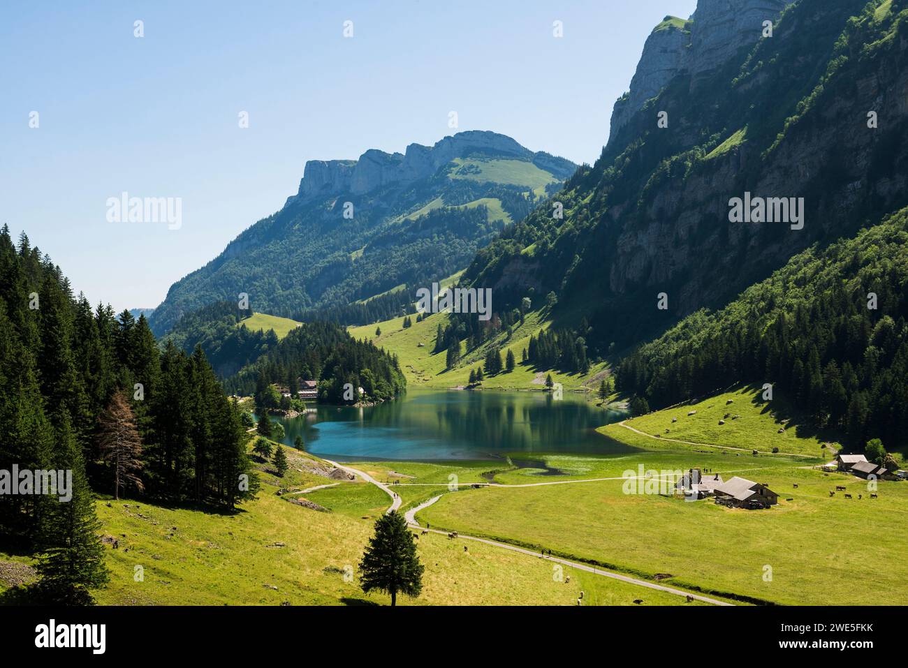 Steep mountains and lake, Seealpsee, Wasserauen, Alpstein, Appenzell ...