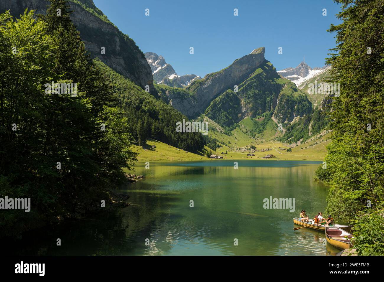 Steep mountains and lake, Seealpsee, Wasserauen, Alpstein, Appenzell ...