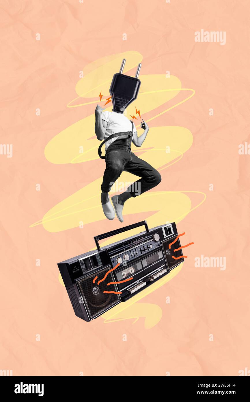 Creative graphics collage image of funky guy plug instead head turning ...