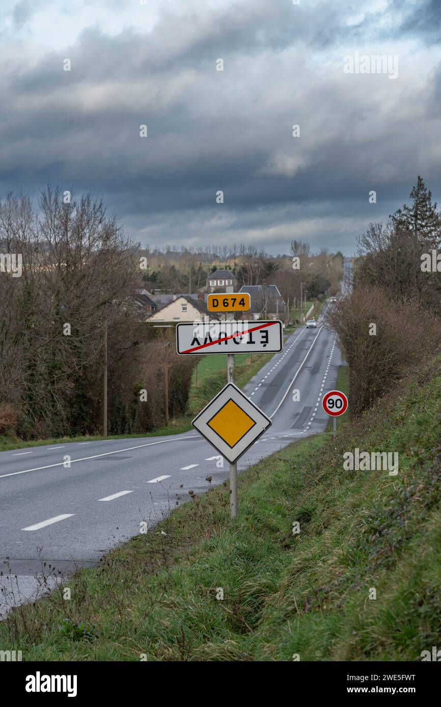 Etouvy, France - 06 23 2023: View of a city road sign flipped over in ...