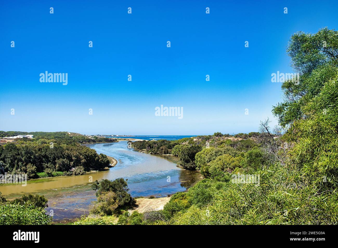 The winding Irwin River close to the river mouth in the town of Dongara ...