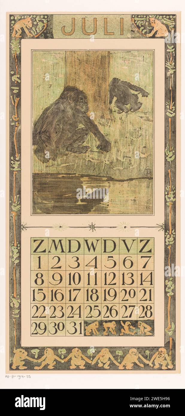 Calendar magazine July with monkeys, Theo van Hoytema, 1905 print At ...