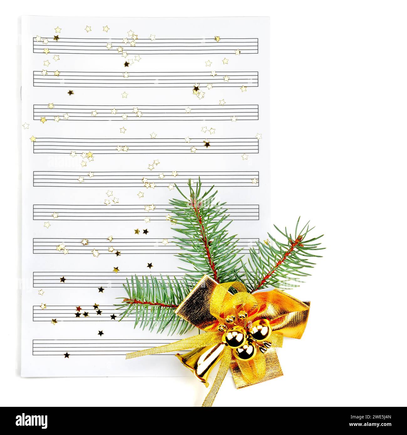 Christmas decorations and music sheet isolated on white background ...