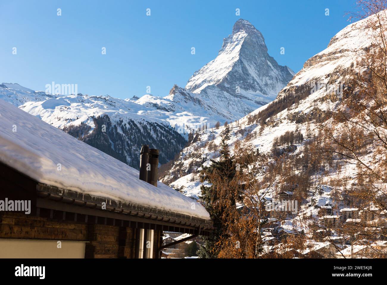 Winter mountain landscape. Snowy mountain Matterhorn during the day in ...