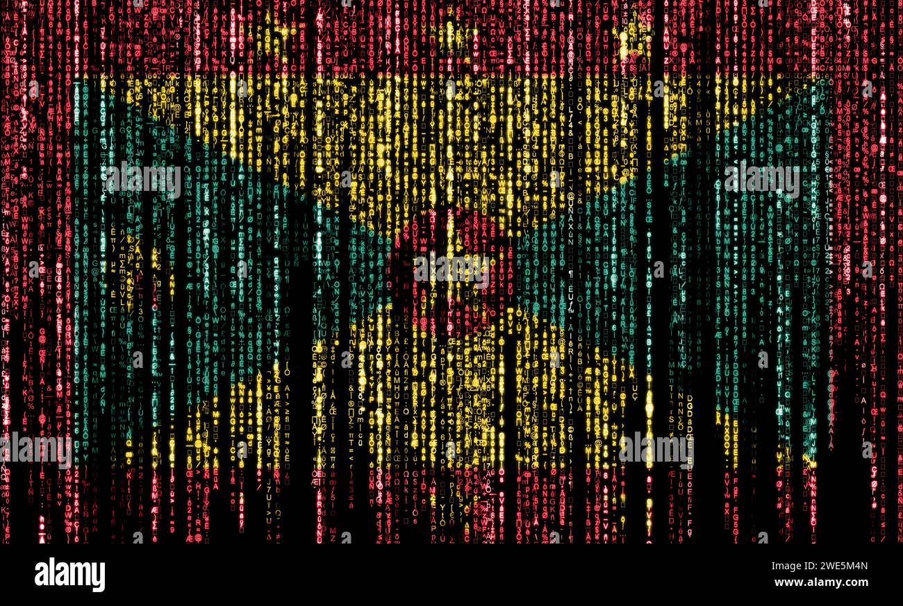 Flag of Grenada on a computer binary codes falling from the top and ...