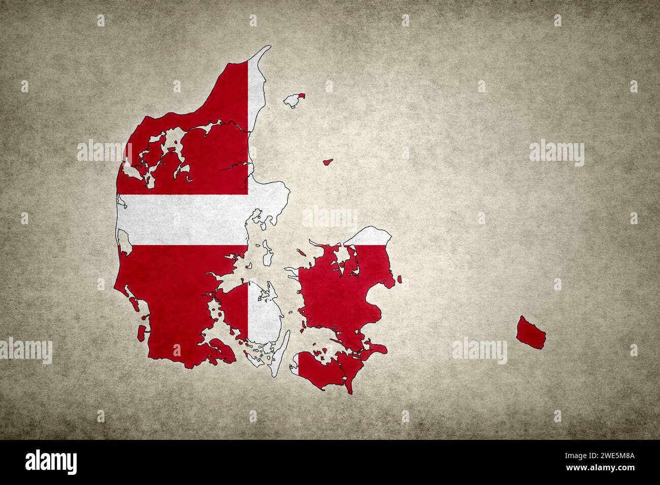 Grunge map of Denmark with its flag printed within its border on an old ...