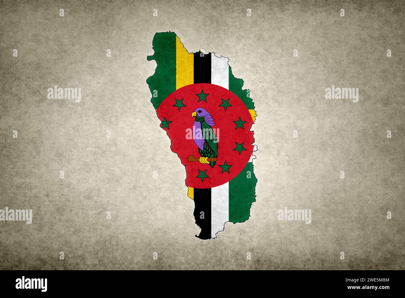 Grunge map of Dominica with its flag printed within its border on an ...
