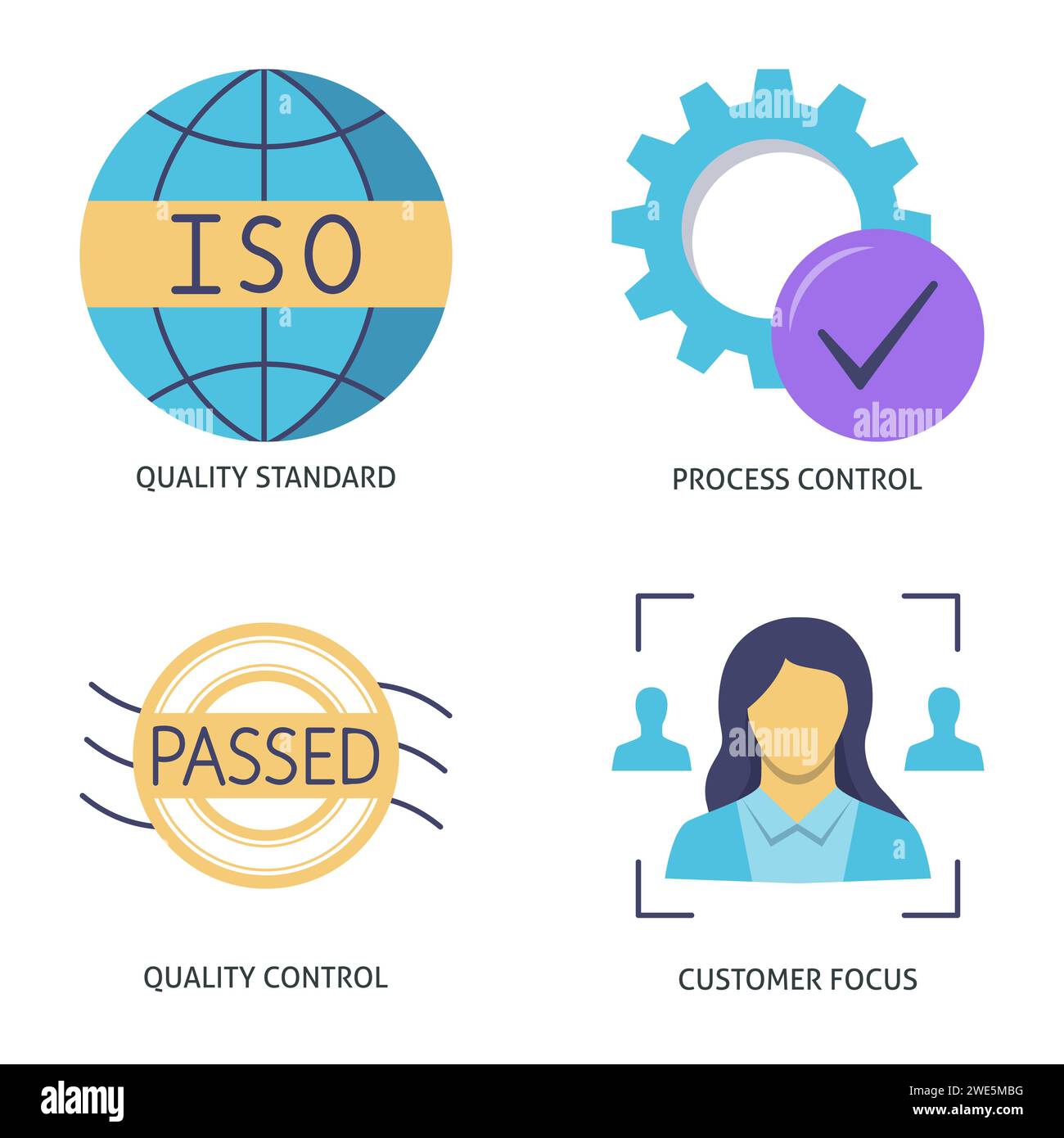 Quality standard flat icon set. Process control, customer focus. Vector ...