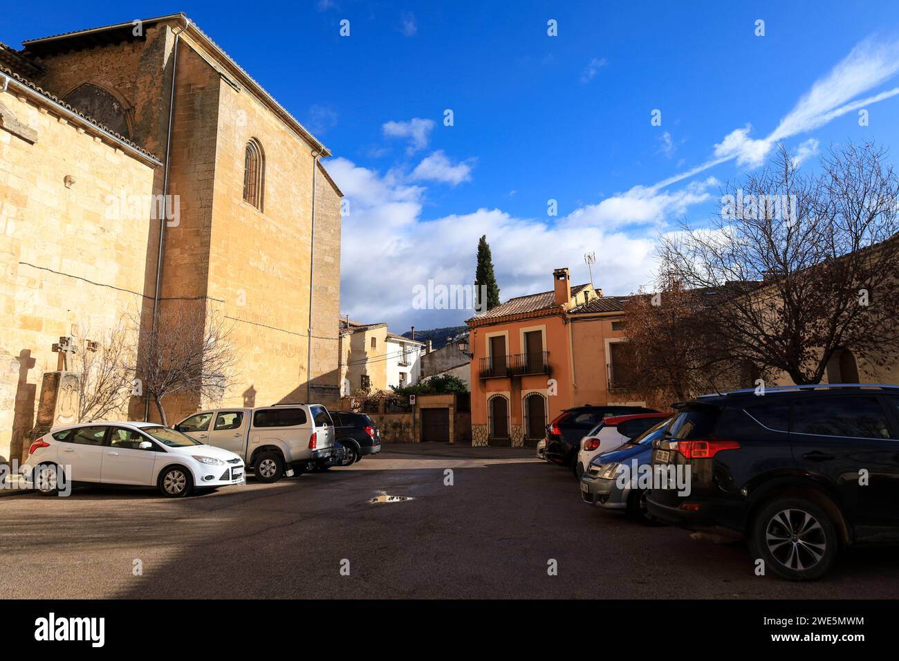 Priego, Cuenca, Spain- December 10, 2023: Cobbled streets and Facades ...