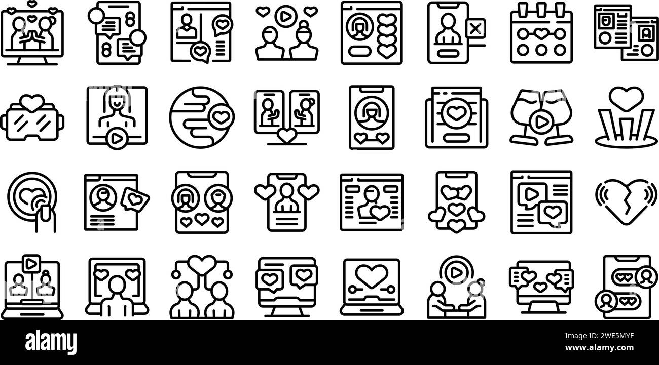 Virtual date icons set outline vector. Relationship distance. Love ...