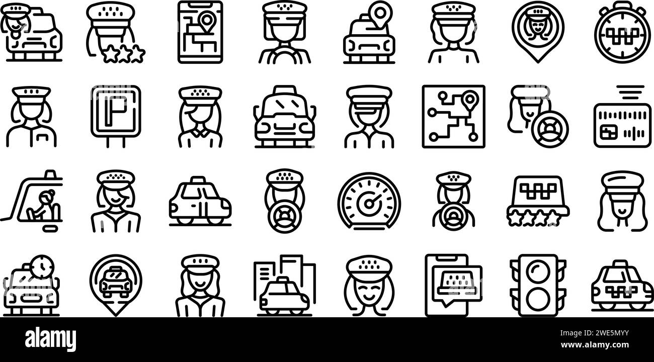 Taxi driver woman icons set outline vector. Car city phone. Mobile cab ...