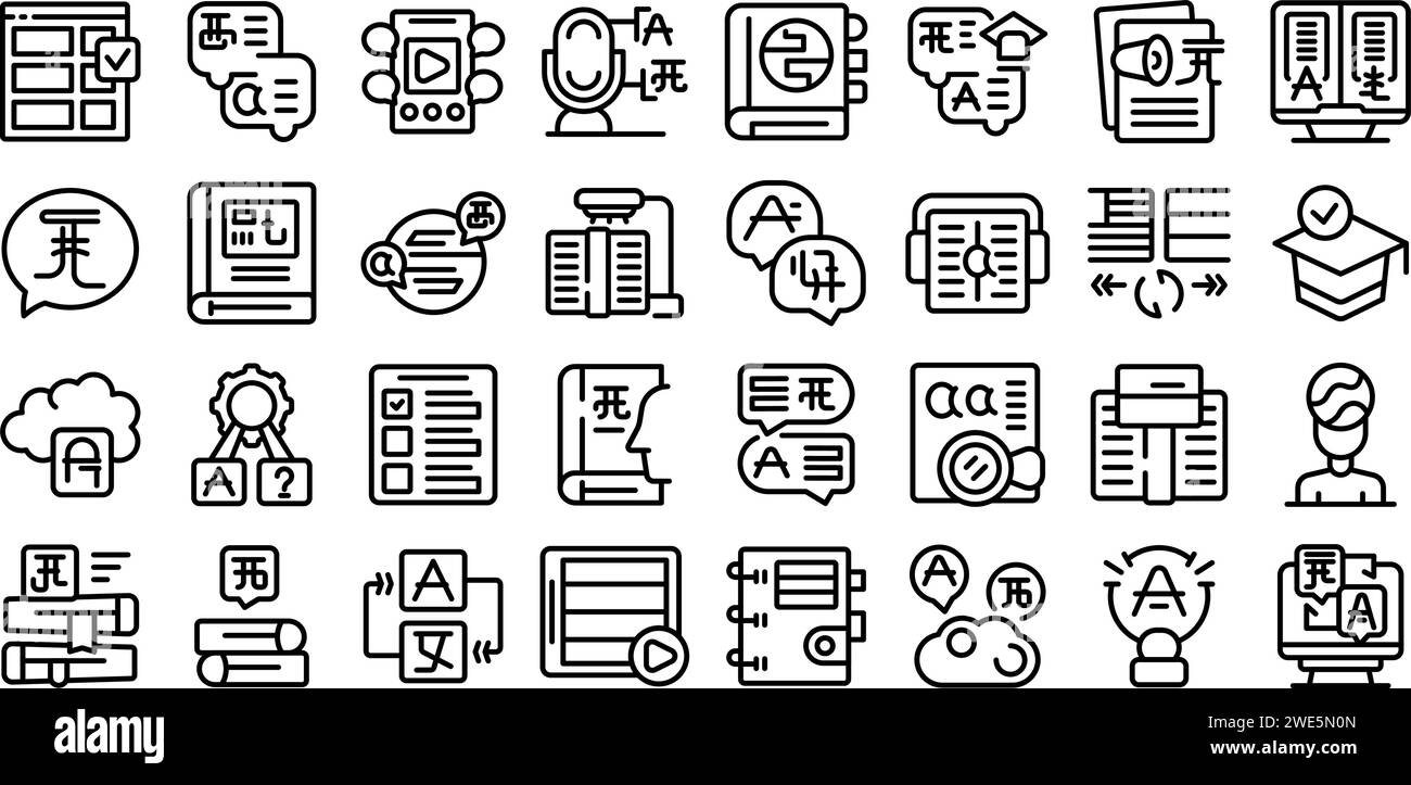 Learning new language icons set outline vector. Education book. Study ...