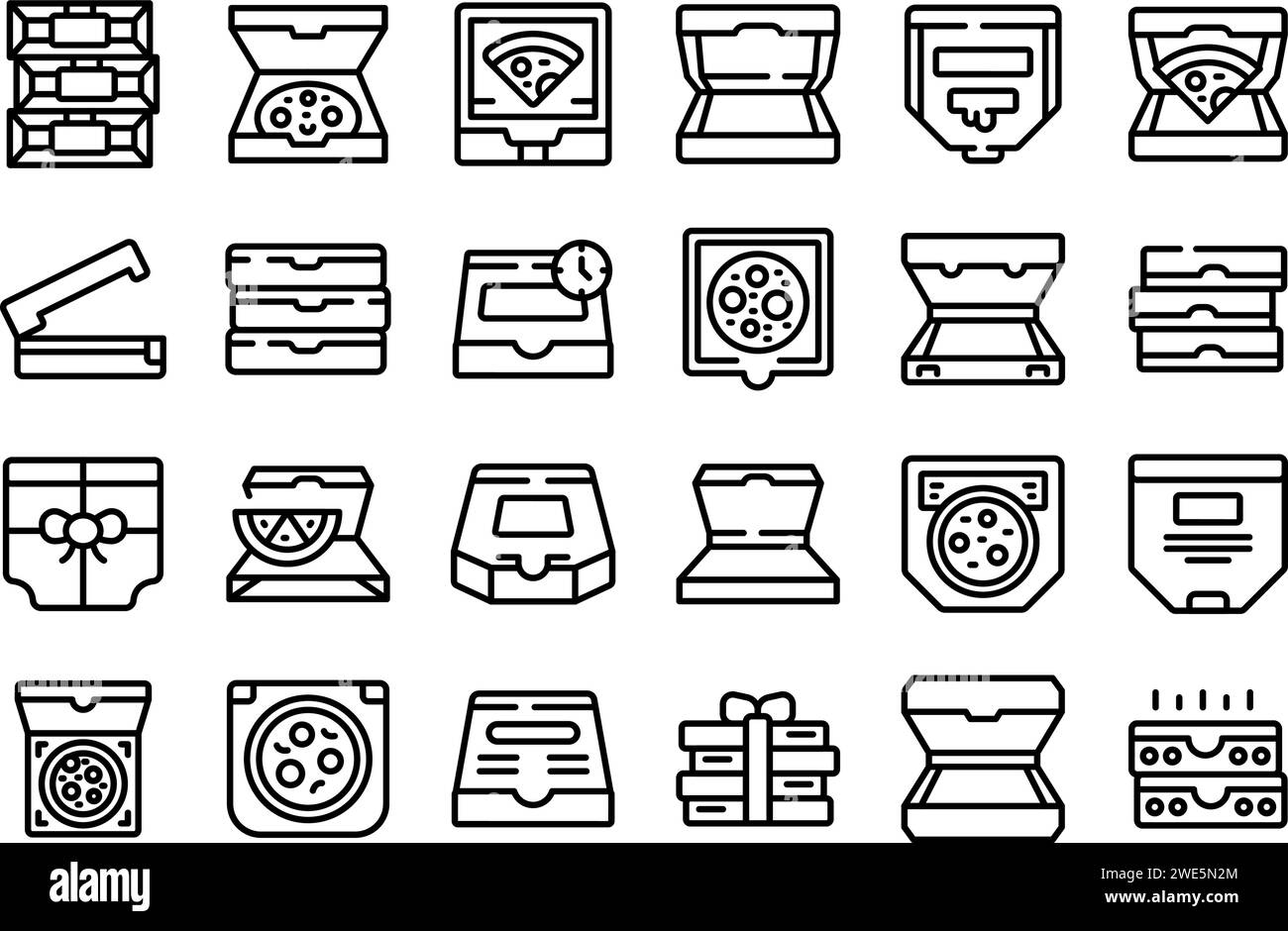 Cardboard pizza box icons set outline vector. Open food carton. Closed ...