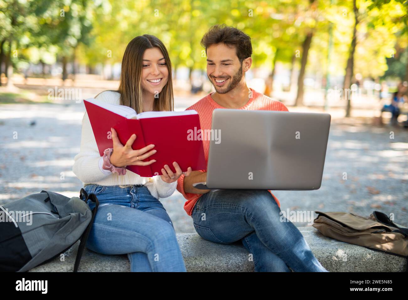 College students using a laptop computer in a park, young people and ...