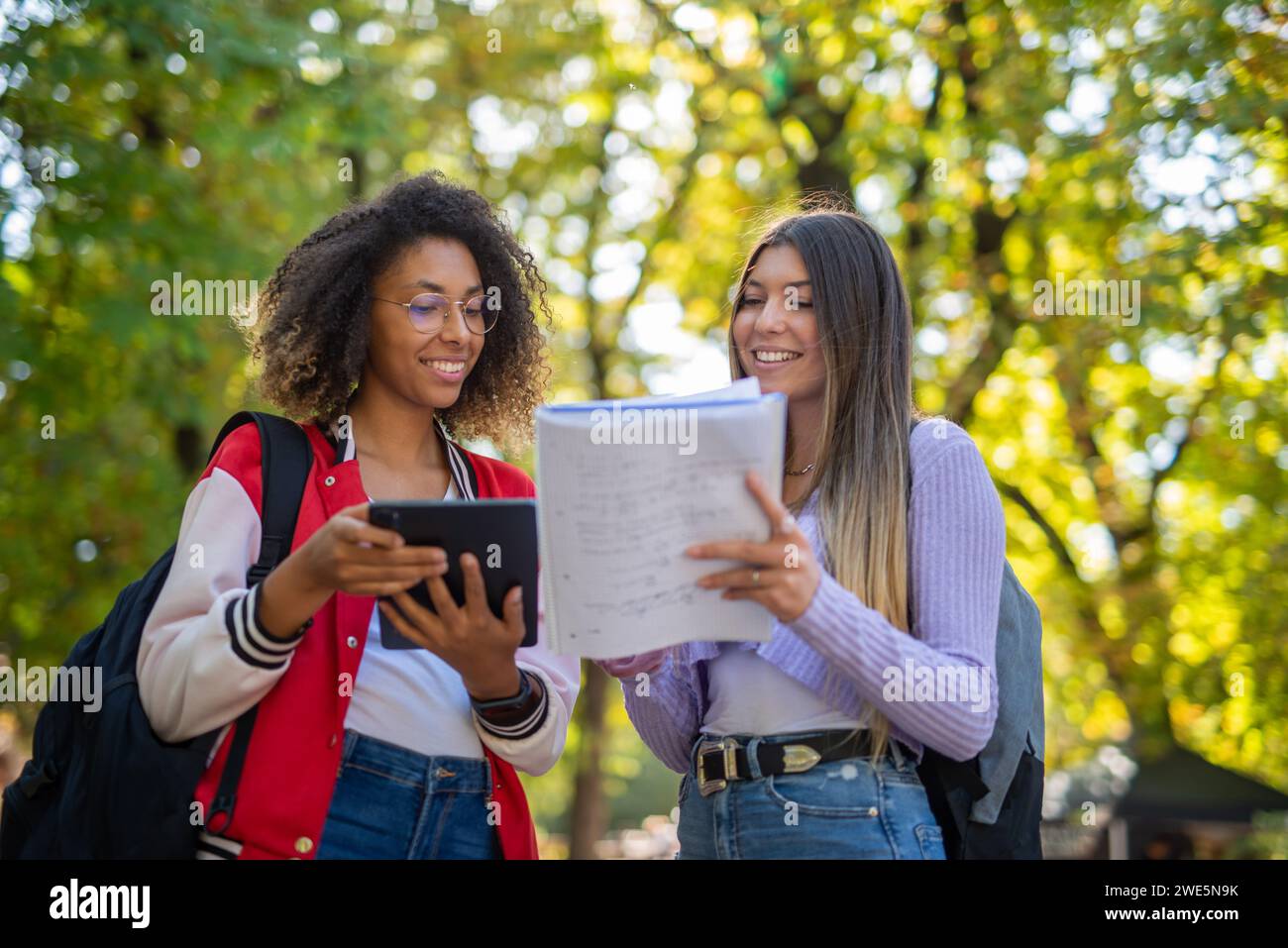 Female college students studying together in a park near their ...