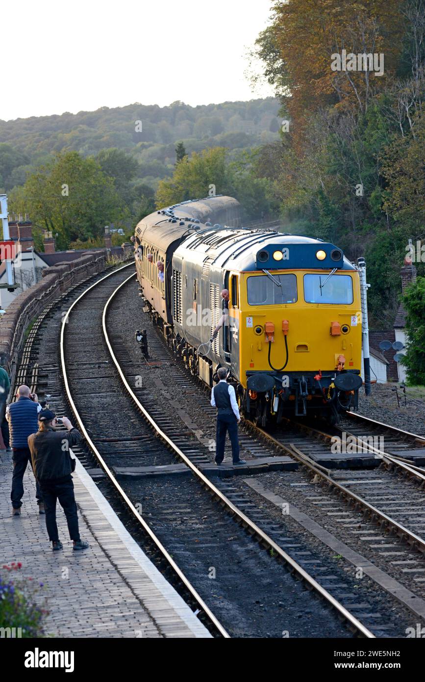British Rail Class 50 heritage diesel loco with 2nd man passing token ...