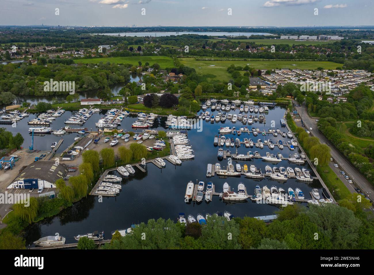Aerial view of Le Boat houseboats at the Le Boat Chertsey base in ...