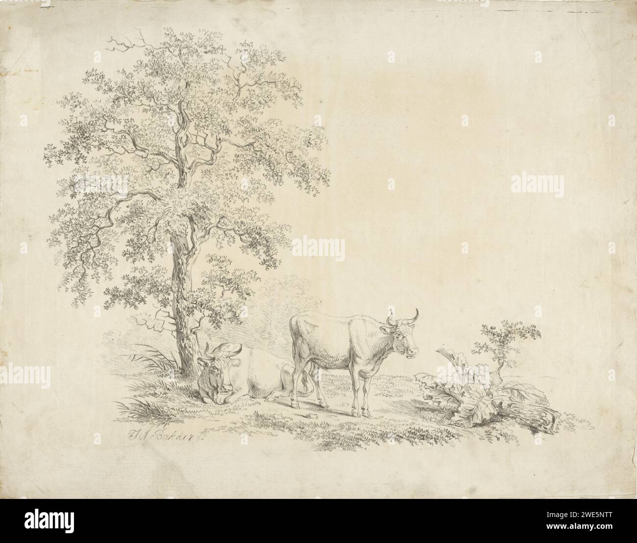 Landscape with cows, Job Augustus Bakker, c. 1818 print Under a tree a ...